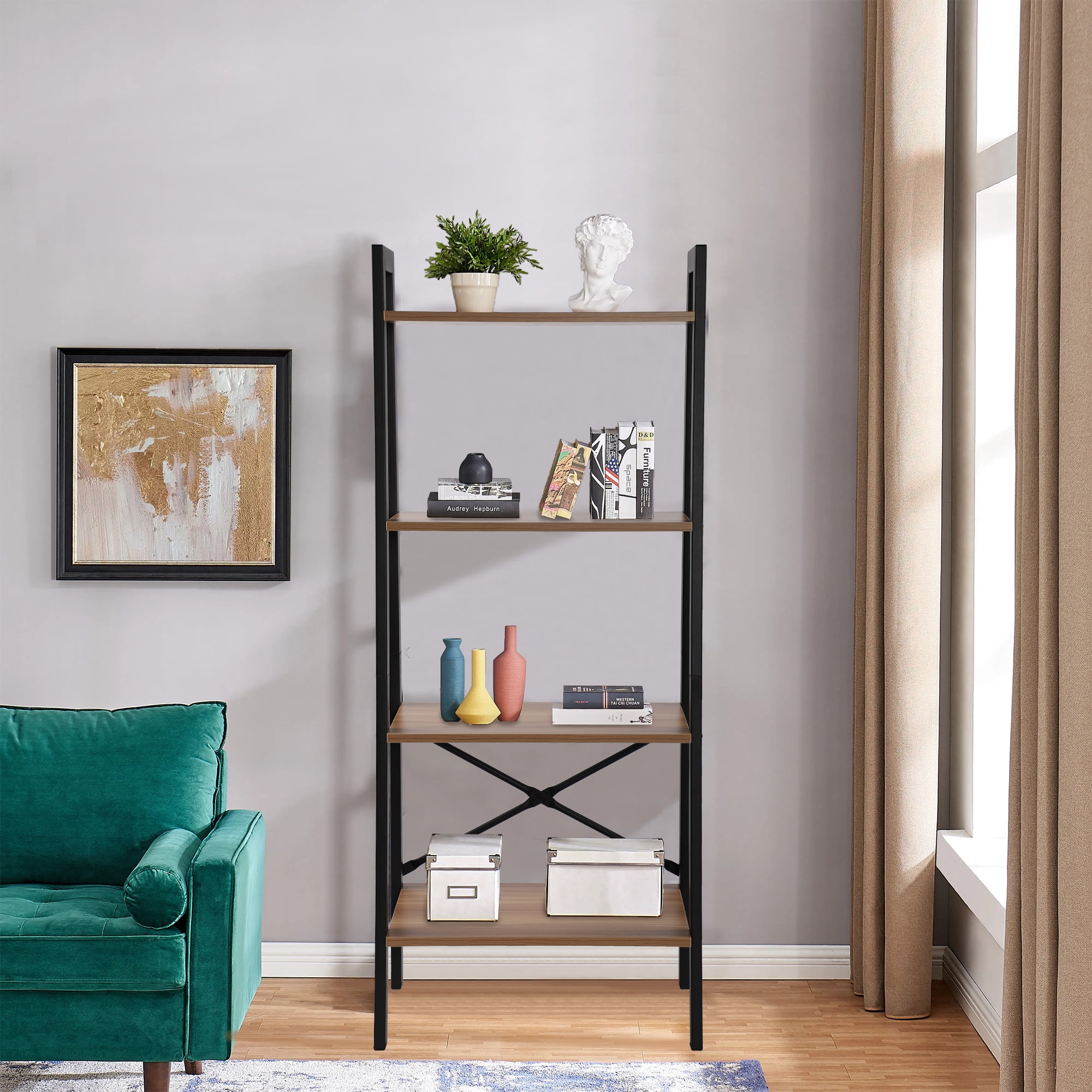 4 Tiers Iron Ladder Bookcase Set of 1 Ladder Shelf Bookcase Bookshelf ...
