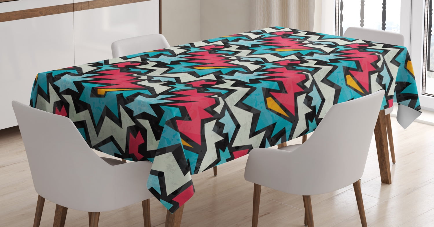 Urban Graffiti Tablecloth, Chevron-Like Bold Framed Tangled Stripes and ...