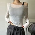 FEIFLY Women's T-Shirts Sheer Mesh Off The Shoulder Tops Long Sleeve ...