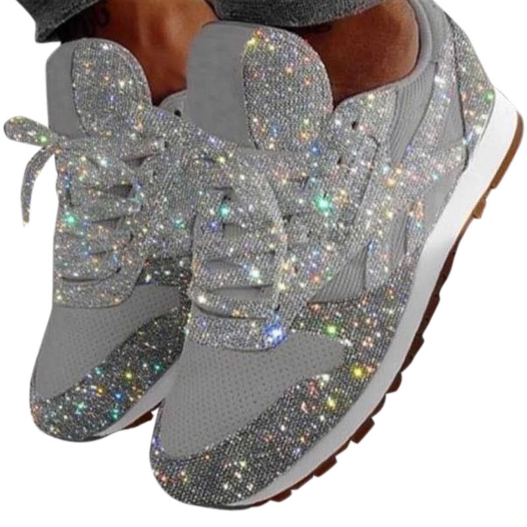 Pfysire Women Lace-up Glitter Sneakers Sports Jogging Sparkly Shoes ...
