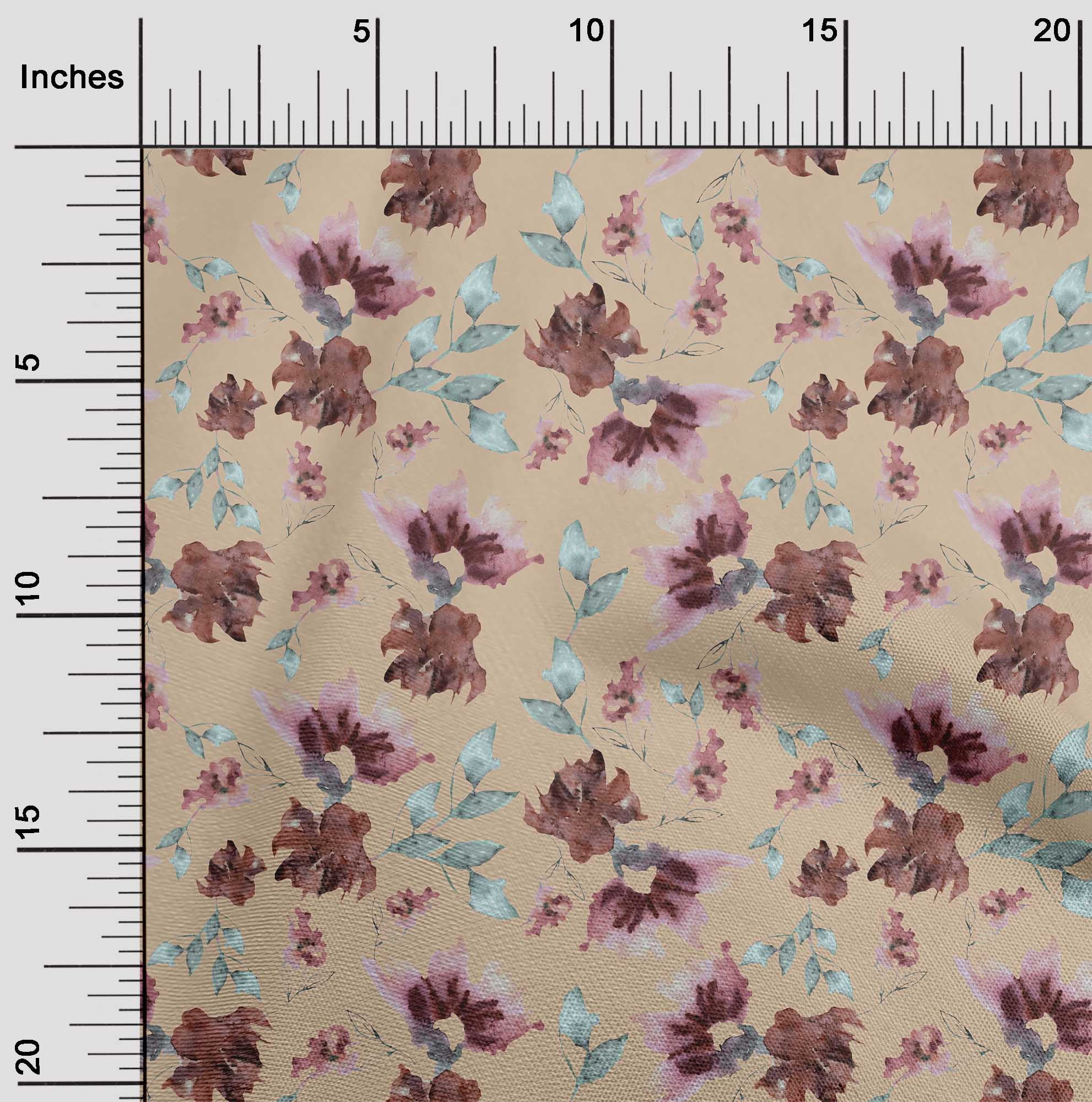oneOone Cotton Poplin Light Beige Fabric Flower & Leaves Watercolor ...