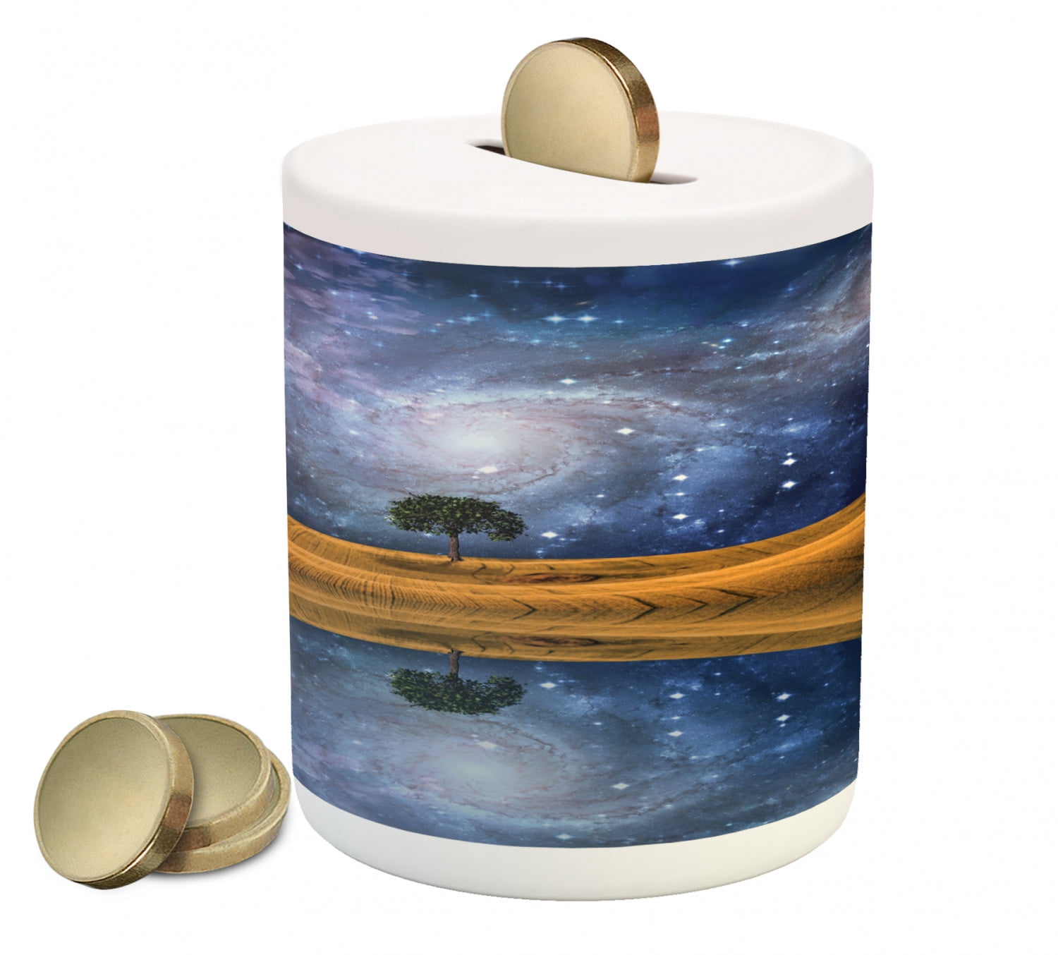 Space Piggy Bank, Surreal Single Tree on Galaxy with Stars Meteors ...