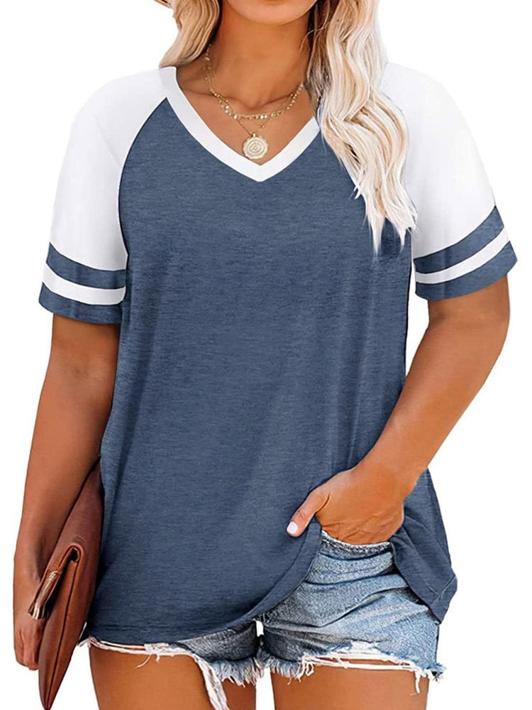 Langwyqu Stripe Sleeve Print Plus Size Women V Neck Casual T Shirt