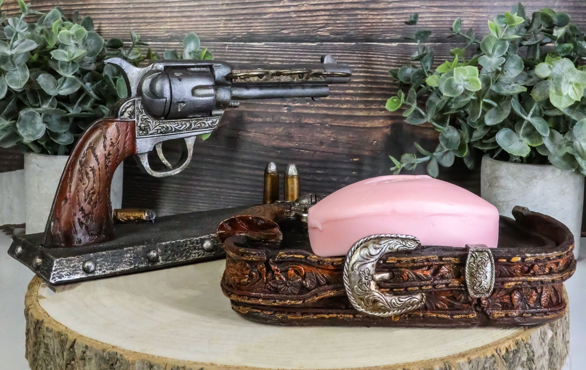 Rustic Western Cowboy Revolver Guns Belt Buckle Soap Dish And ...