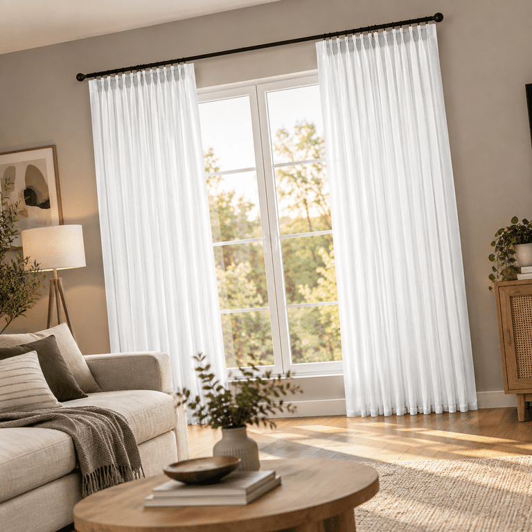 Beige White Pinch Pleated Semi Sheer Curtains, 40