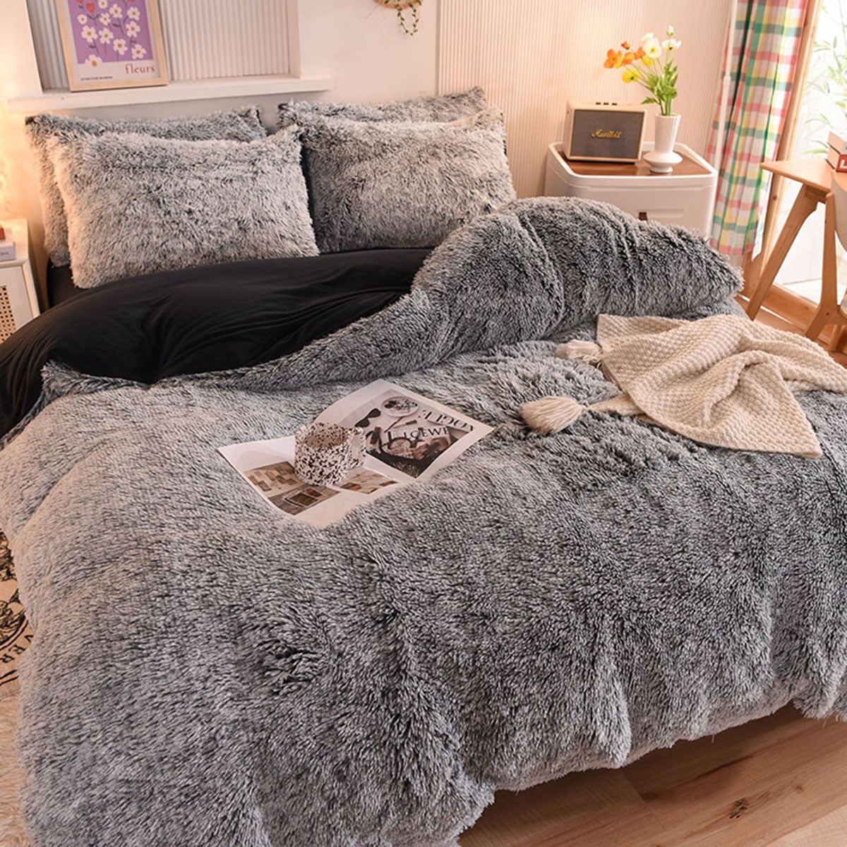 Wajade Plush Shaggy Comforter Set Fluffy Fuzzy Faux Fur Bedding Set ...