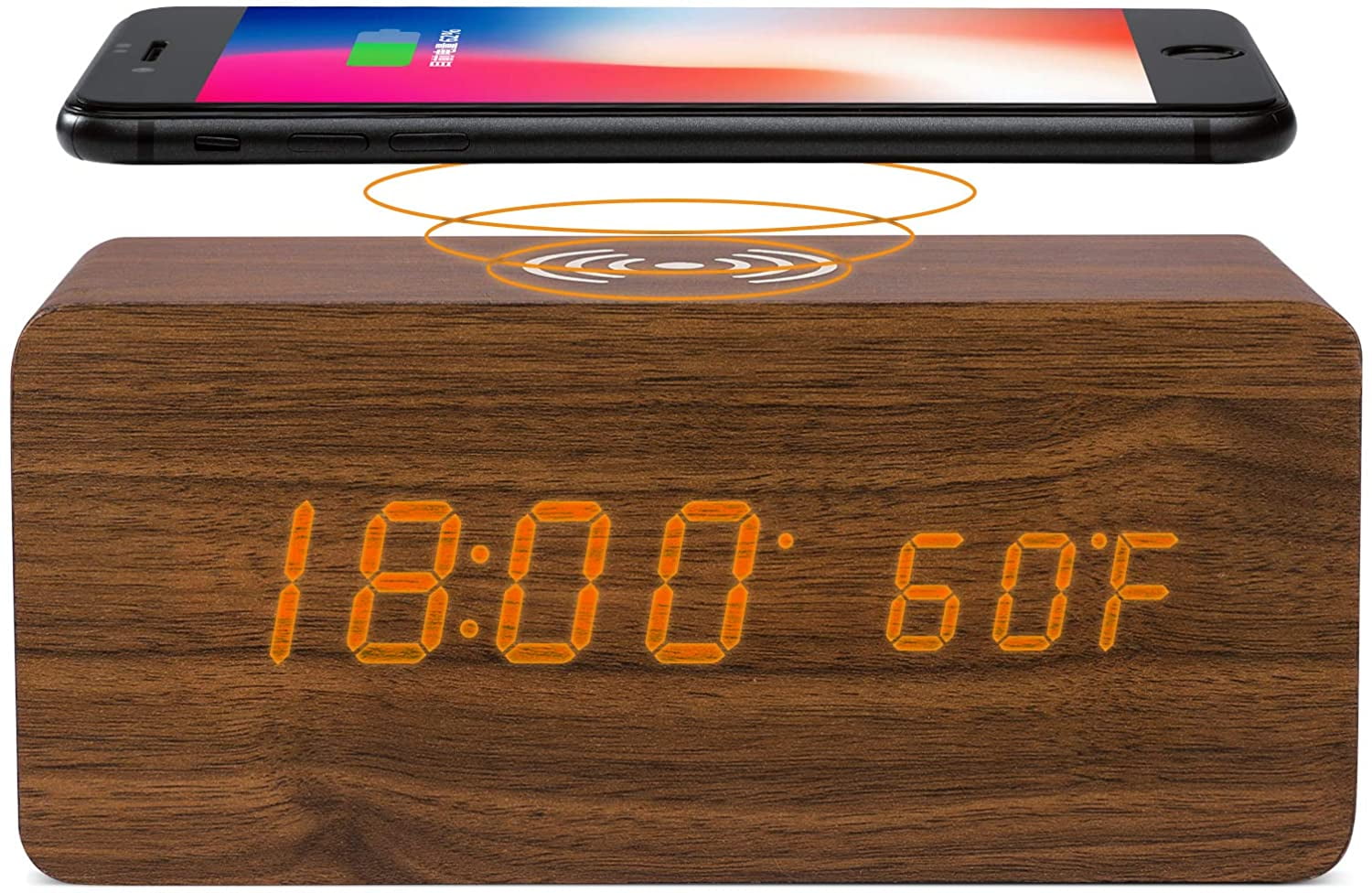 ACSTEP Brown Wood Digital LED Alarm Clock with Wireless Charging ...