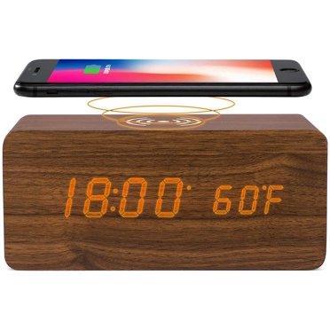 Wooden Wood Alarm Clock Qi Wireless Charging LED Sound Control Time ...