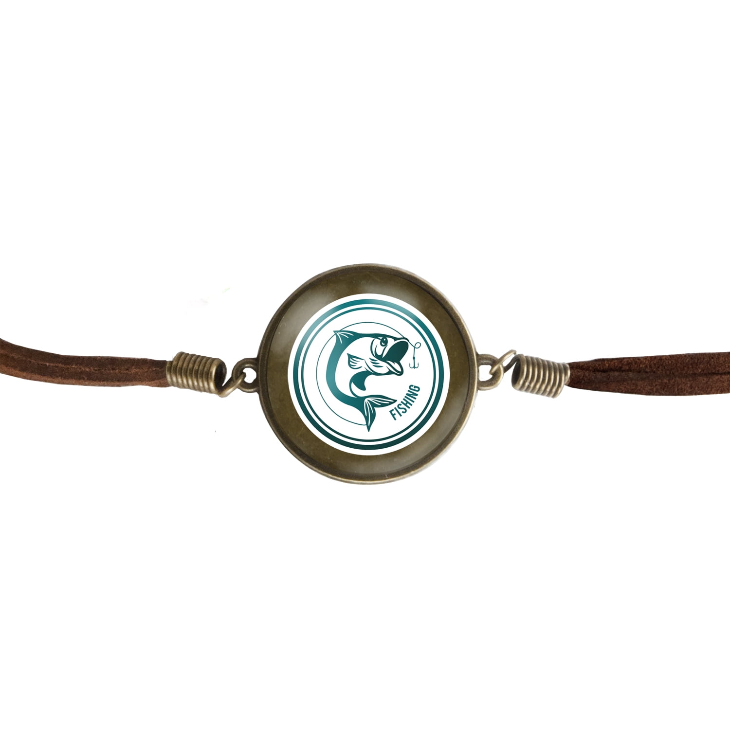 Fishing Button Illustration with Fish and Lure Leather Dome Bracelet ...