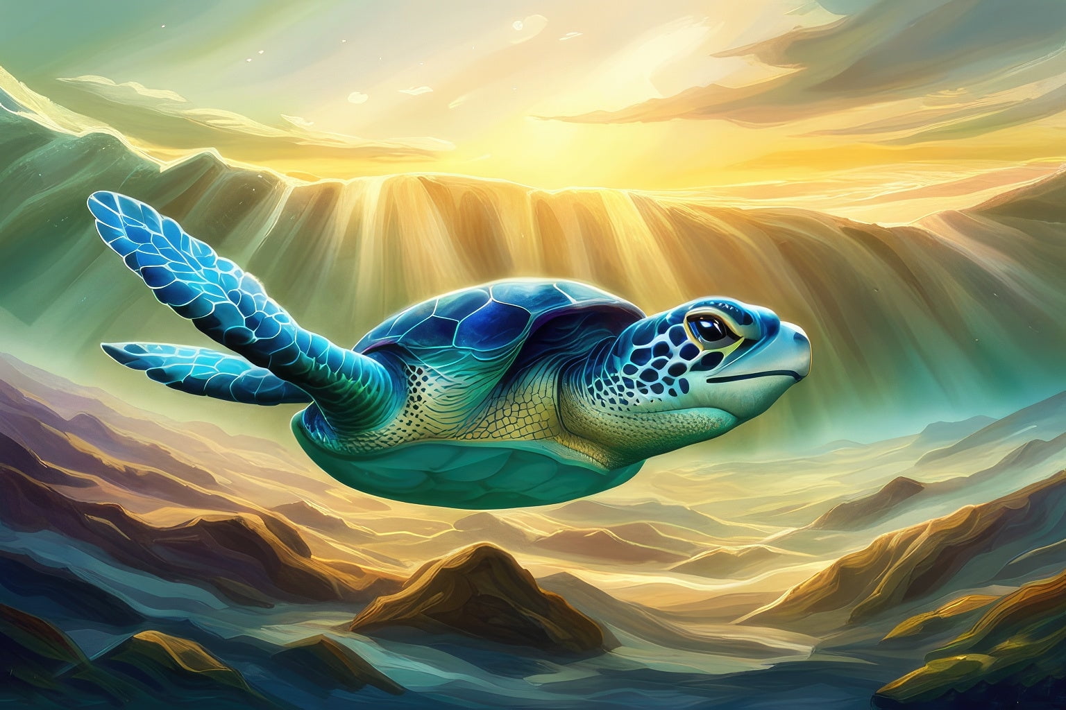 Swimming Sea Turtle Digital Painting - 12" x 18" Art Print Wall Decor ...