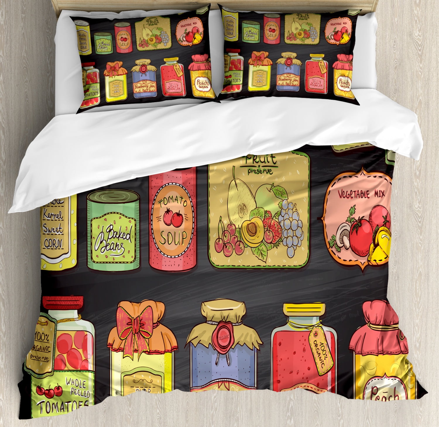 Retro Duvet Cover Set Queen Size, Hand Drawn Canned Goods Beans and Jam ...