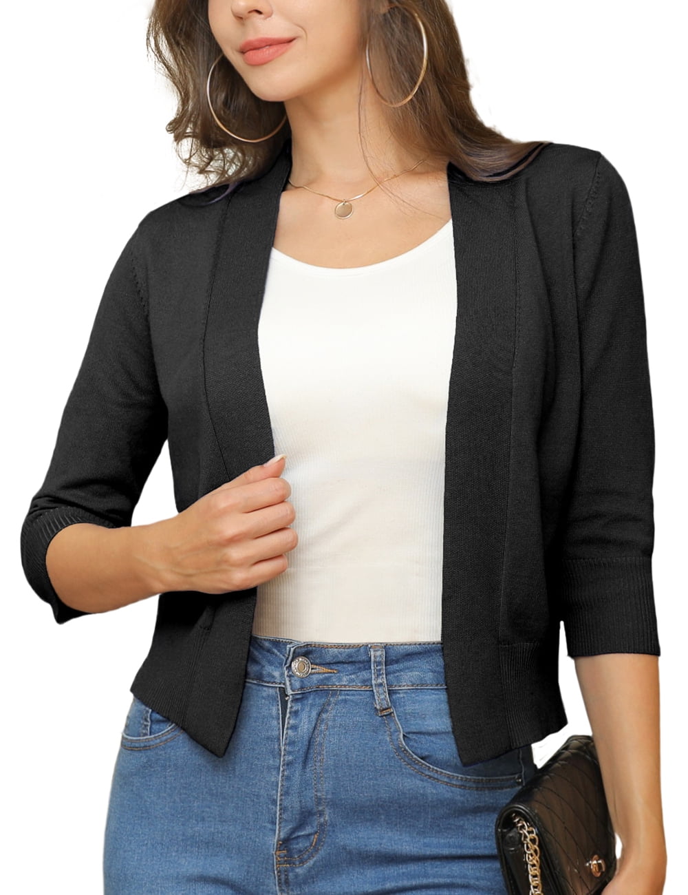 A Jesdani Womens Cropped Cardigans Sweaters 3 4 Sleeve Open Front Short