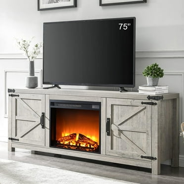 70" Farmhouse Wood Fireplace TV Stand with Glass Doors - Rustic Oak ...