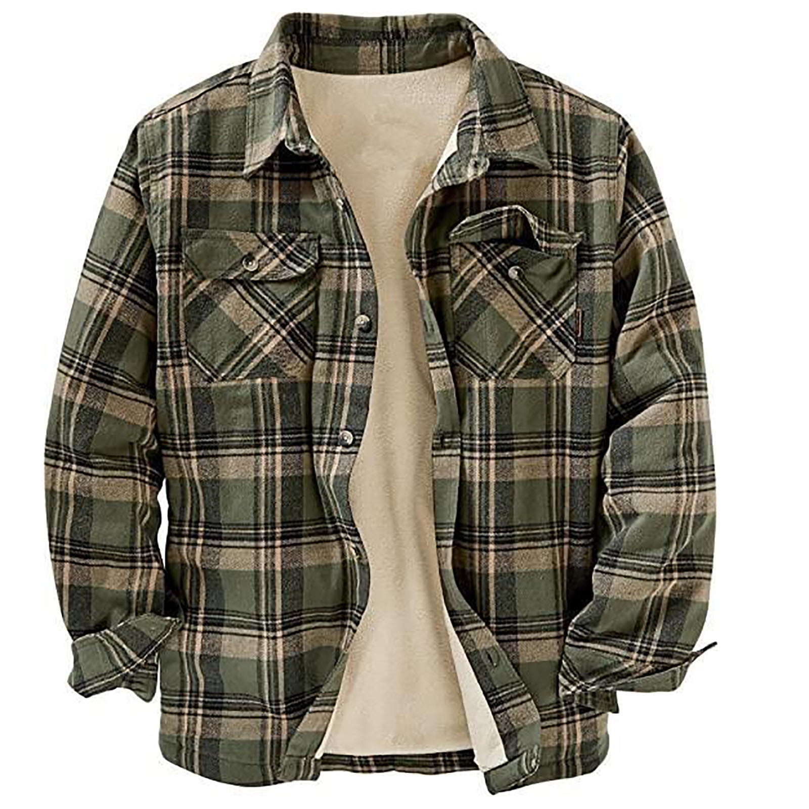 Mens Sherpa Fleece Lined Plaid Flannel Shirts Jackets Casual Thermal ...