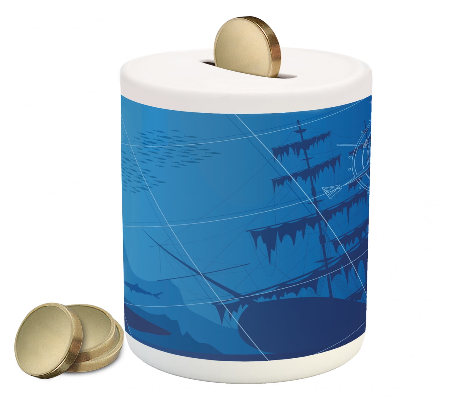 Nautical Piggy Bank, Underwater Sharks Old Ship Compass Windrose Deep ...