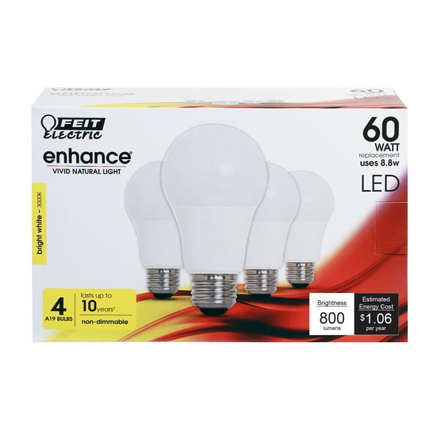 Feit Electric Enhance LED 8.8W (60W Eq) Bright White Light Bulbs, A19 Shape, Med E26 Base (4 ...