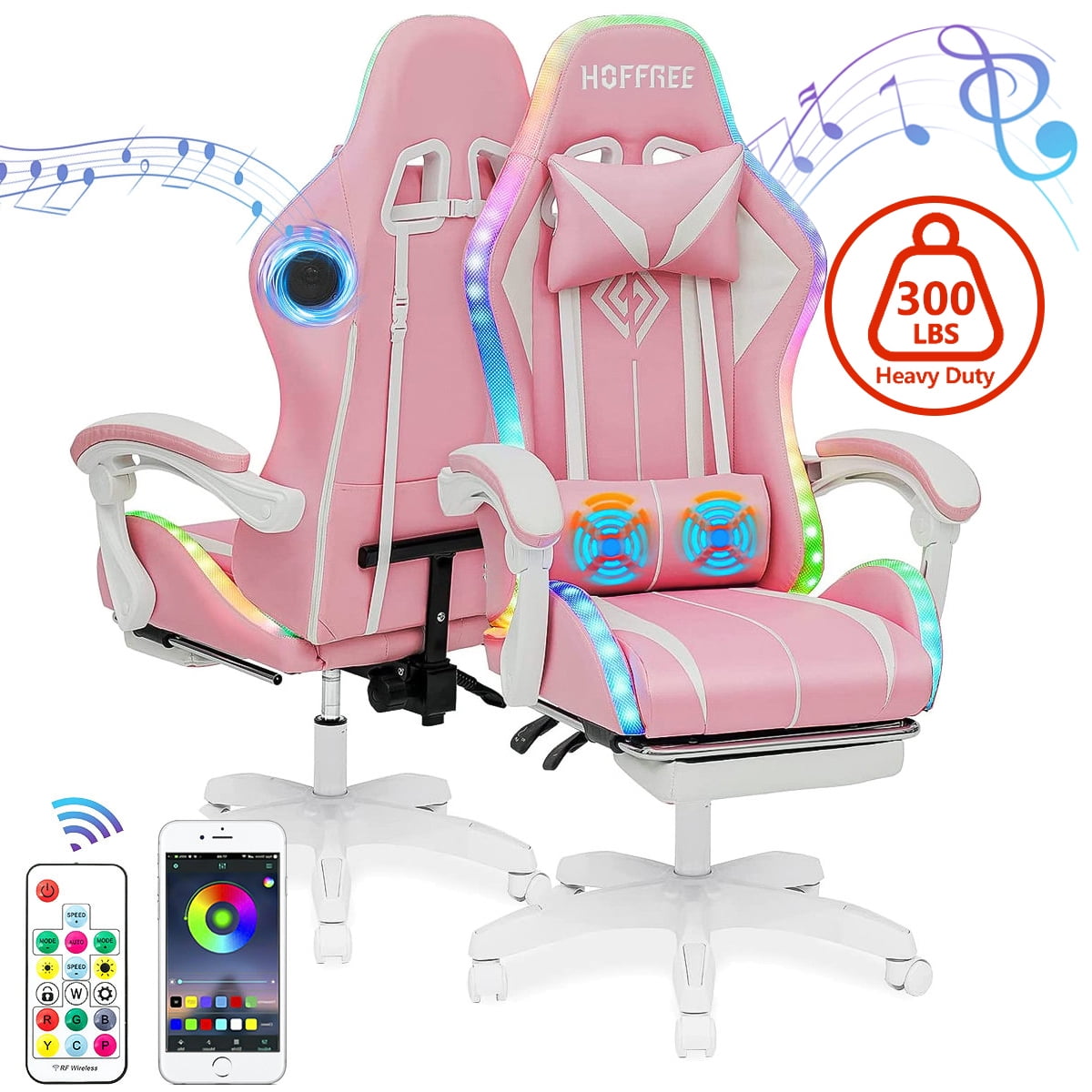 Hoffree Pink Gaming Chair With Bluetooth Speakers And Footrest Massage