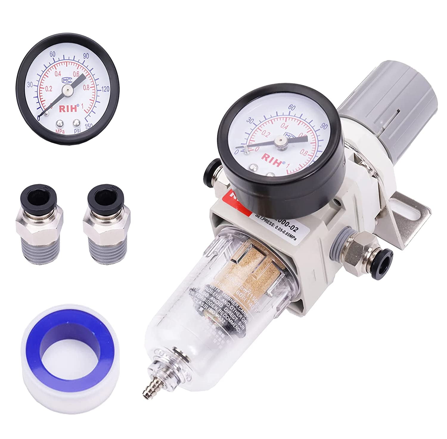 RIH Pneumatics 1/4"NPT Air Filter Pressure Regulator Combo Piggyback, 5 ...