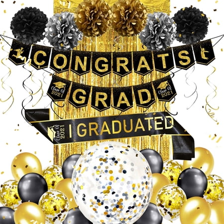 2021 Graduation Decorations Party Supplies, Black Gold Congrats Grad ...