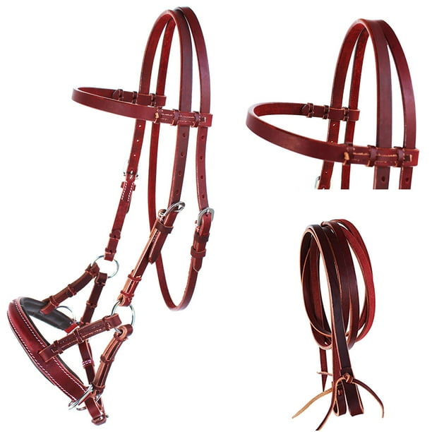 ENGLISH WESTERN HORSE LEATHER BITLESS BRIDLE SIDEPULL HALTER REINS ...