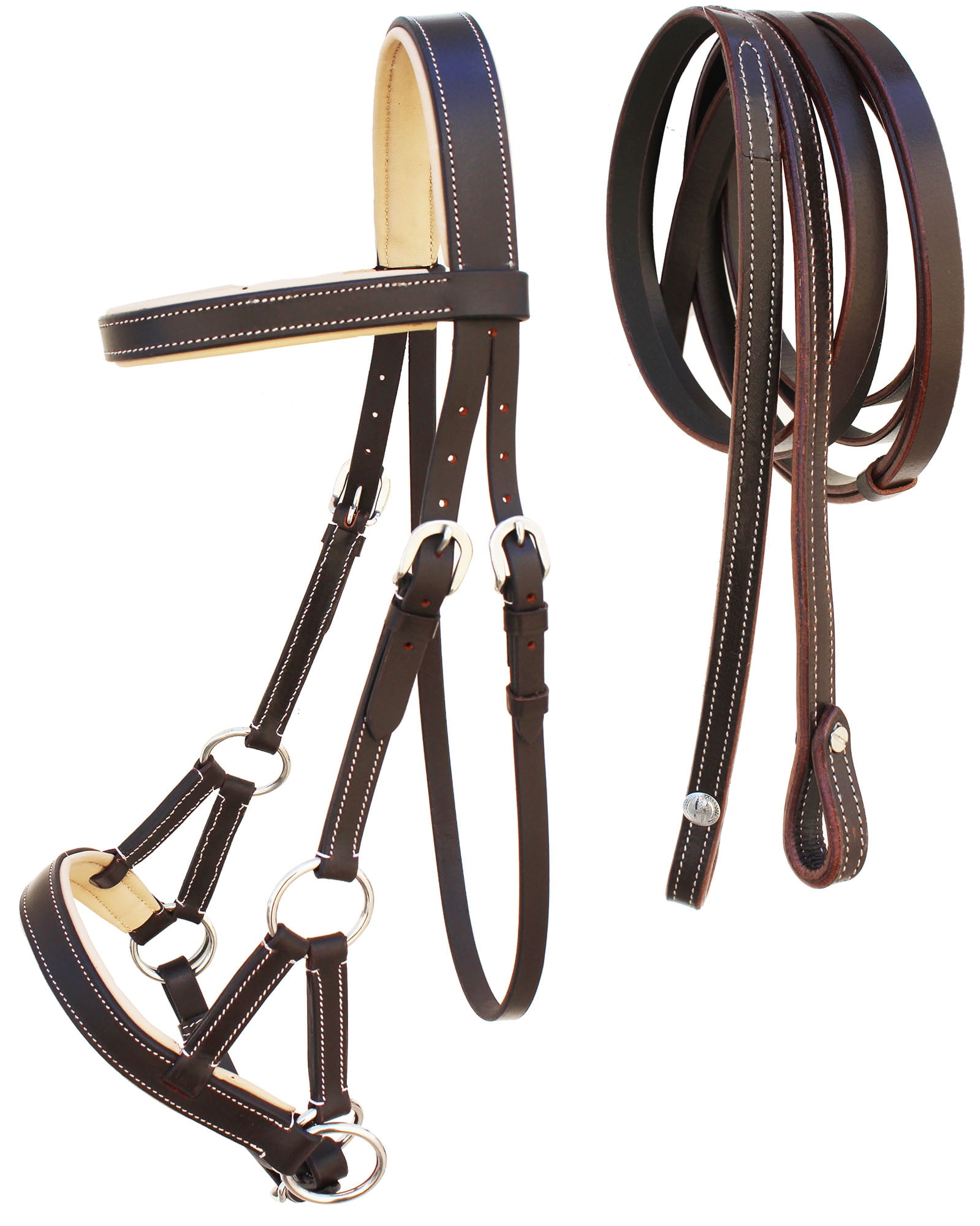 Horse Western Brown Leather Training Tack Bitless Sidepull Bridle Reins ...