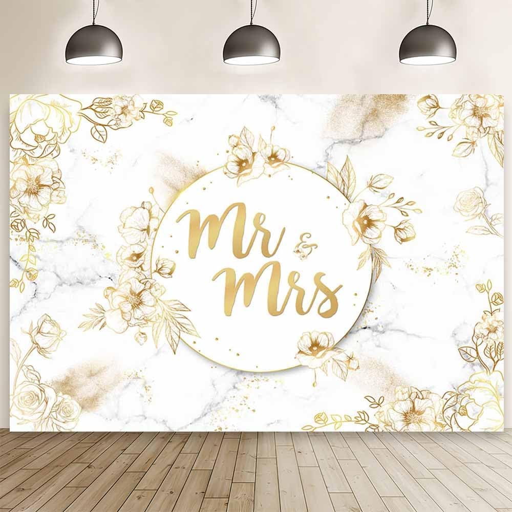 Abstract Mr and Mrs Backdrop Marble Gold Floral Art with Glitter Lines ...
