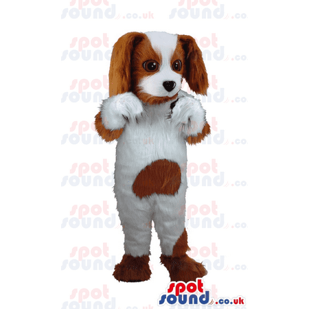 Cute brown furry puppy SPOTSOUND Mascot waving hand saying hi - Mascots ...