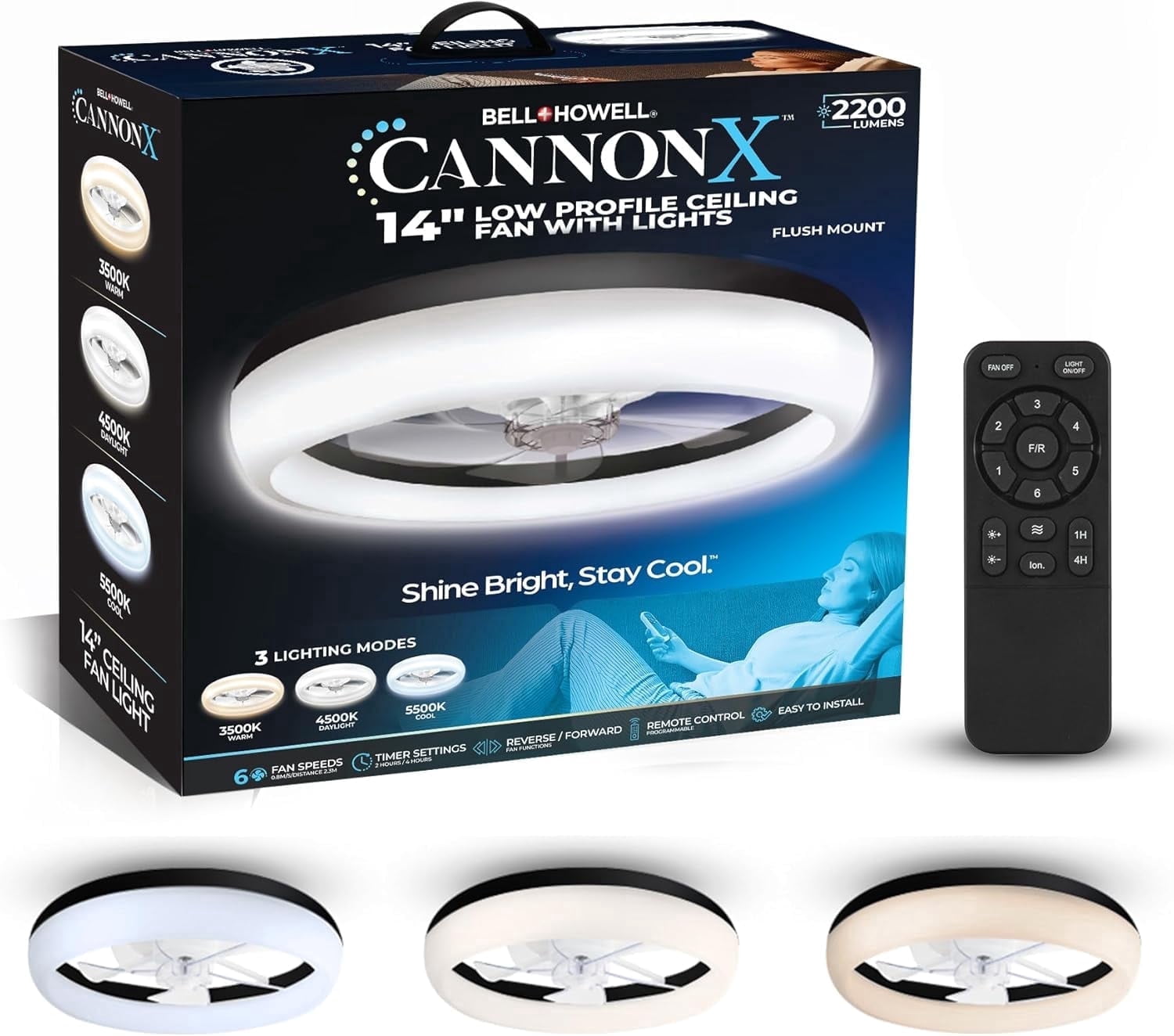 Bell + Howell CannonX Black 14” 6 Speed LED Ceiling Light Fan with ...