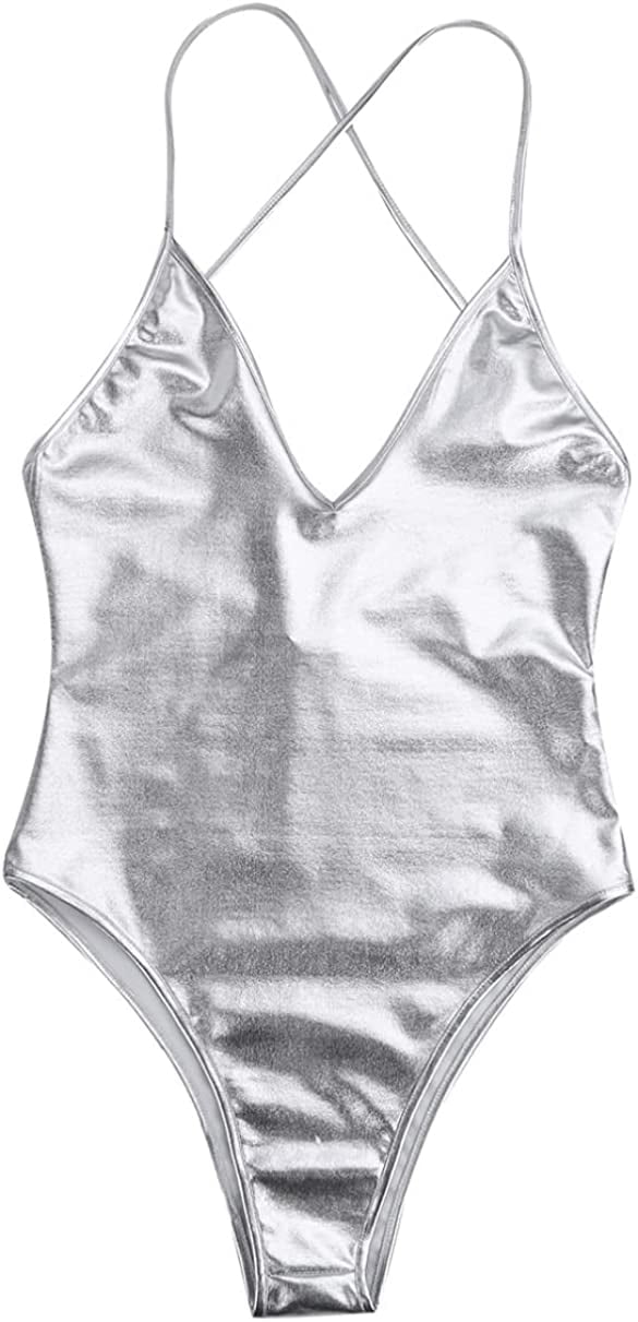 Winying Womens One Piece Shiny Metallic Leotard Pvc Leather Halter Neck
