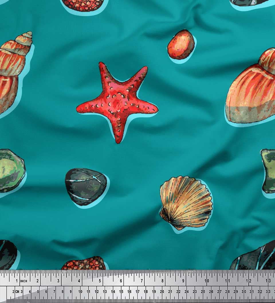 Soimoi Green Japan Crepe Satin Fabric Gemstone,Seashell & Starfish ...