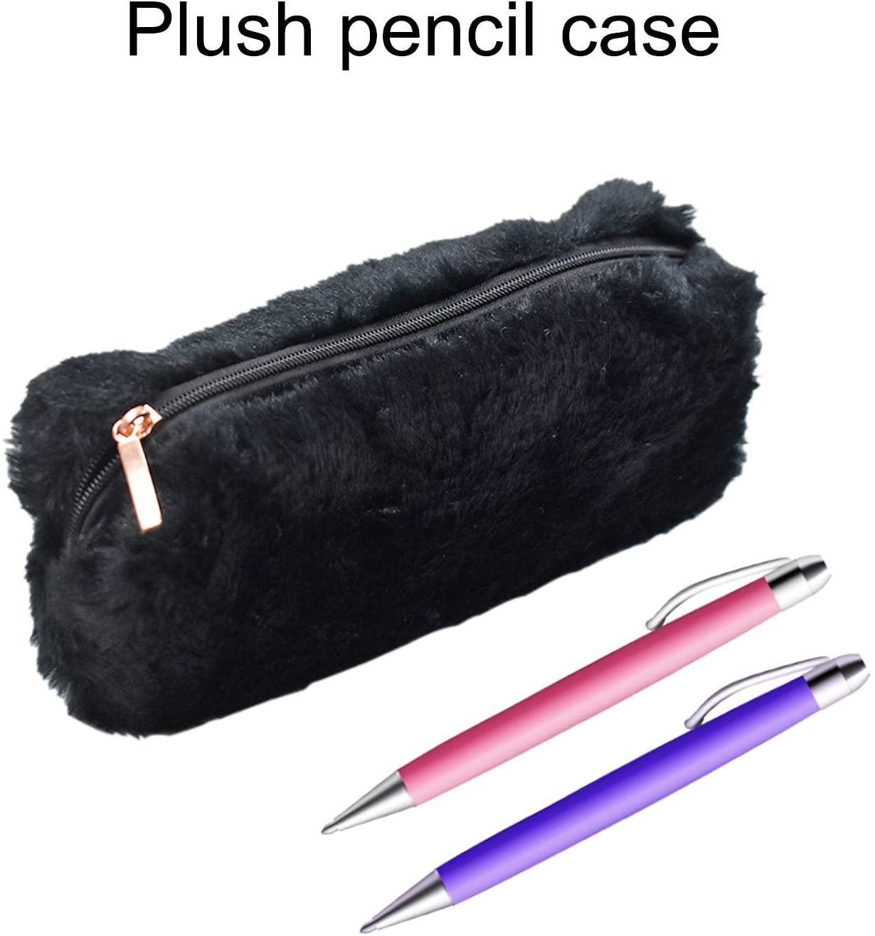 2 Pack Black Lovely Girl Plush Fuzzy Fluffy Pencil Case Makeup Pouch ...