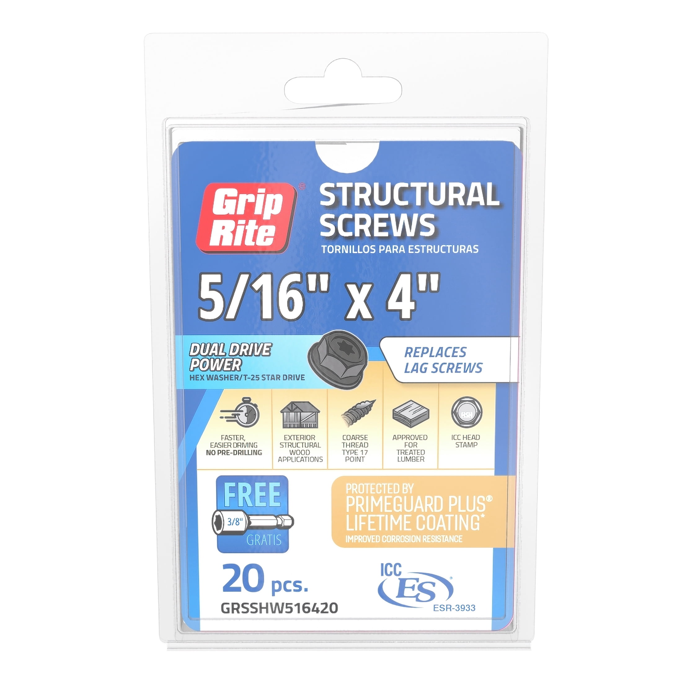 Grip-Rite 5/16 x 4 in. Structural Screw Dual Drive/Hex Washer Head 20CT ...