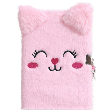 Cute Cat Face Plush Diary with Lock and Key, A5 Lined Hardcover Secret ...
