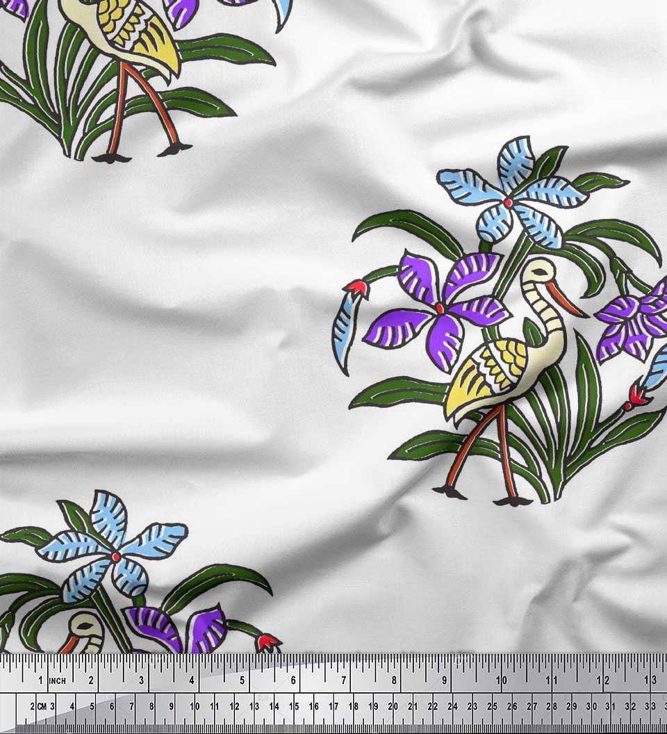 Soimoi Satin Silk Fabric Flamingo,Leaves & Floral Block Print Fabric by ...