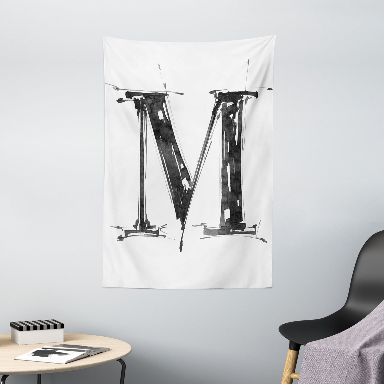 Letter M Tapestry, Alphabet Symbol in Sketchy Stencil Art Style Hand ...