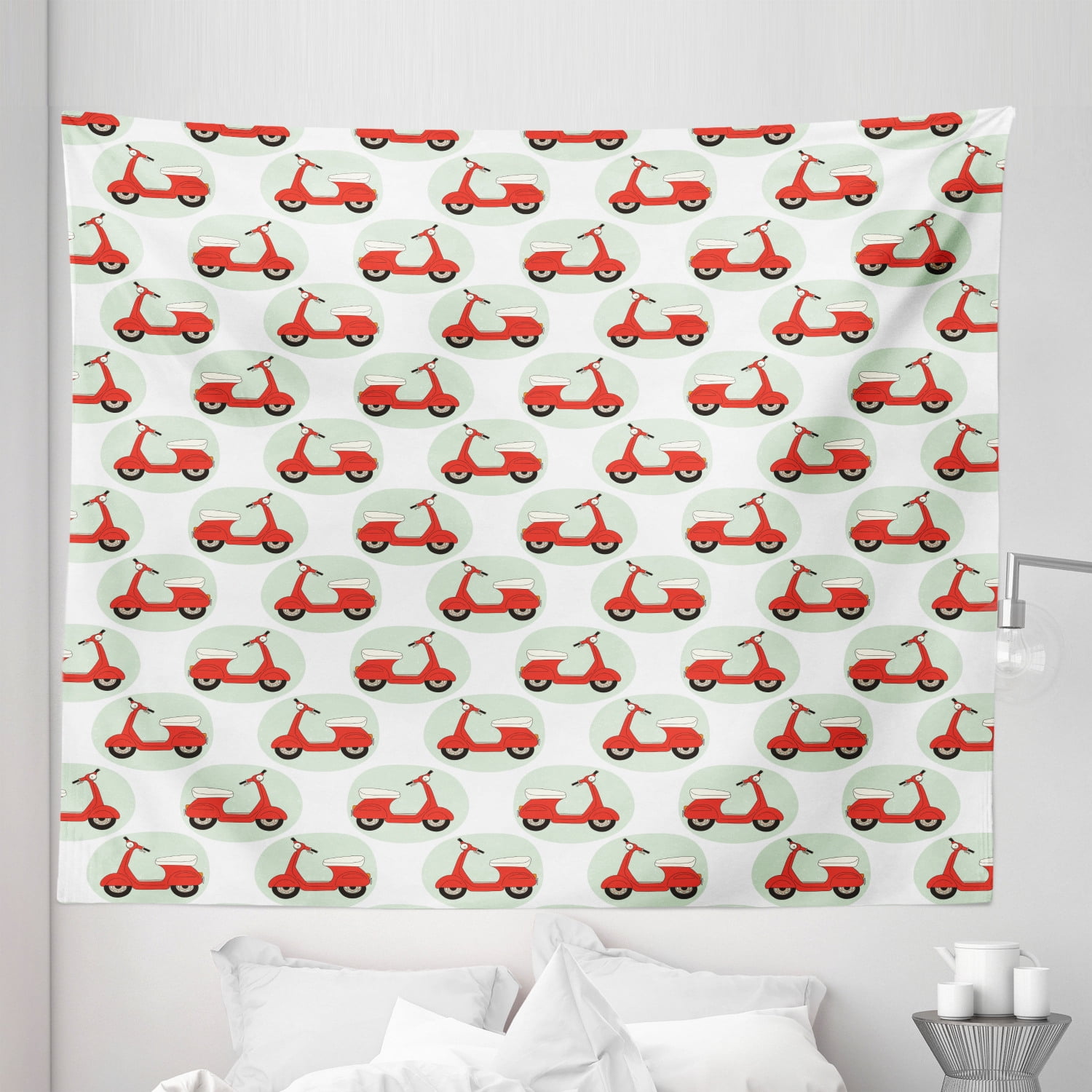 Motorcycle Tapestry, Cartoon Scooters Pattern with Pastel Circles ...