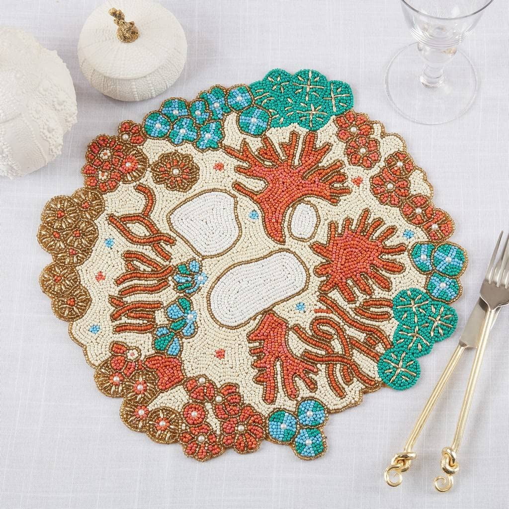 Fennco Style Hand Beaded Coral Reef Coastal Placemat 15" Round, 1-Piece ...