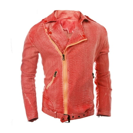 Men's Convertible Collar Inclined Zipper Denim Jacket Red (Size M / 38 ...