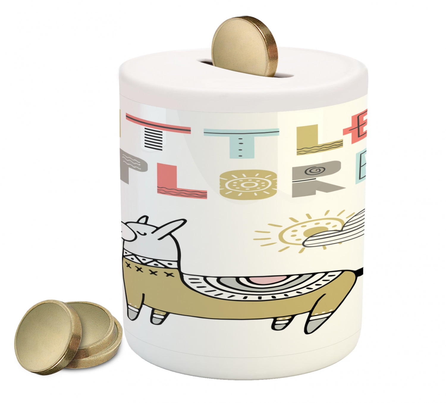 ABC Piggy Bank, Hand Drawn Colorful Llama on Sunny Day with Little ...