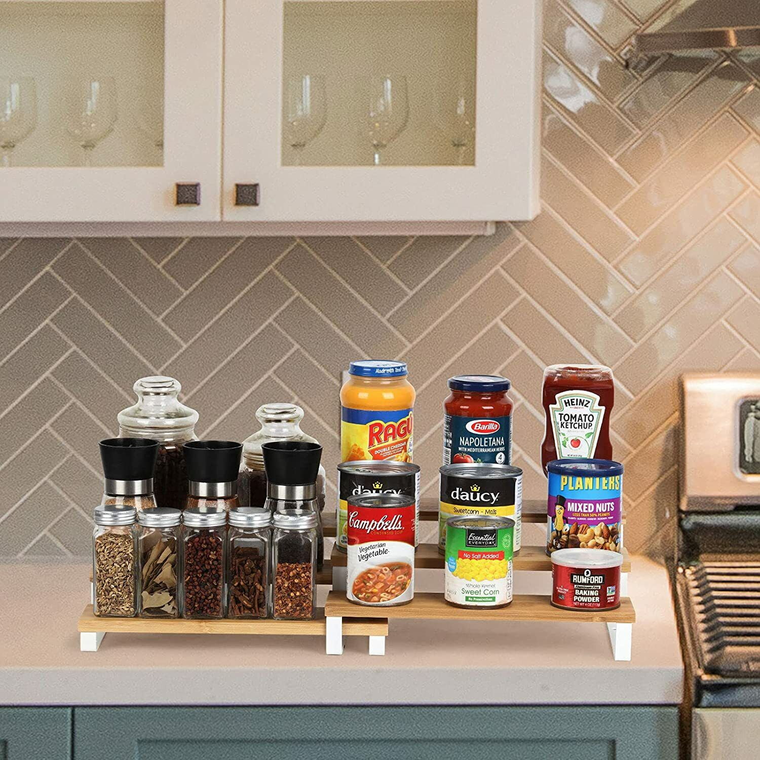 Set of 2 Bamboo Spice Rack Organizer 3Tier Expandable Countertop Step ...