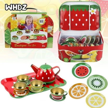Kids Fruit Themed Tin Tea Party Toy Set - Metal Teapot and Cups for ...