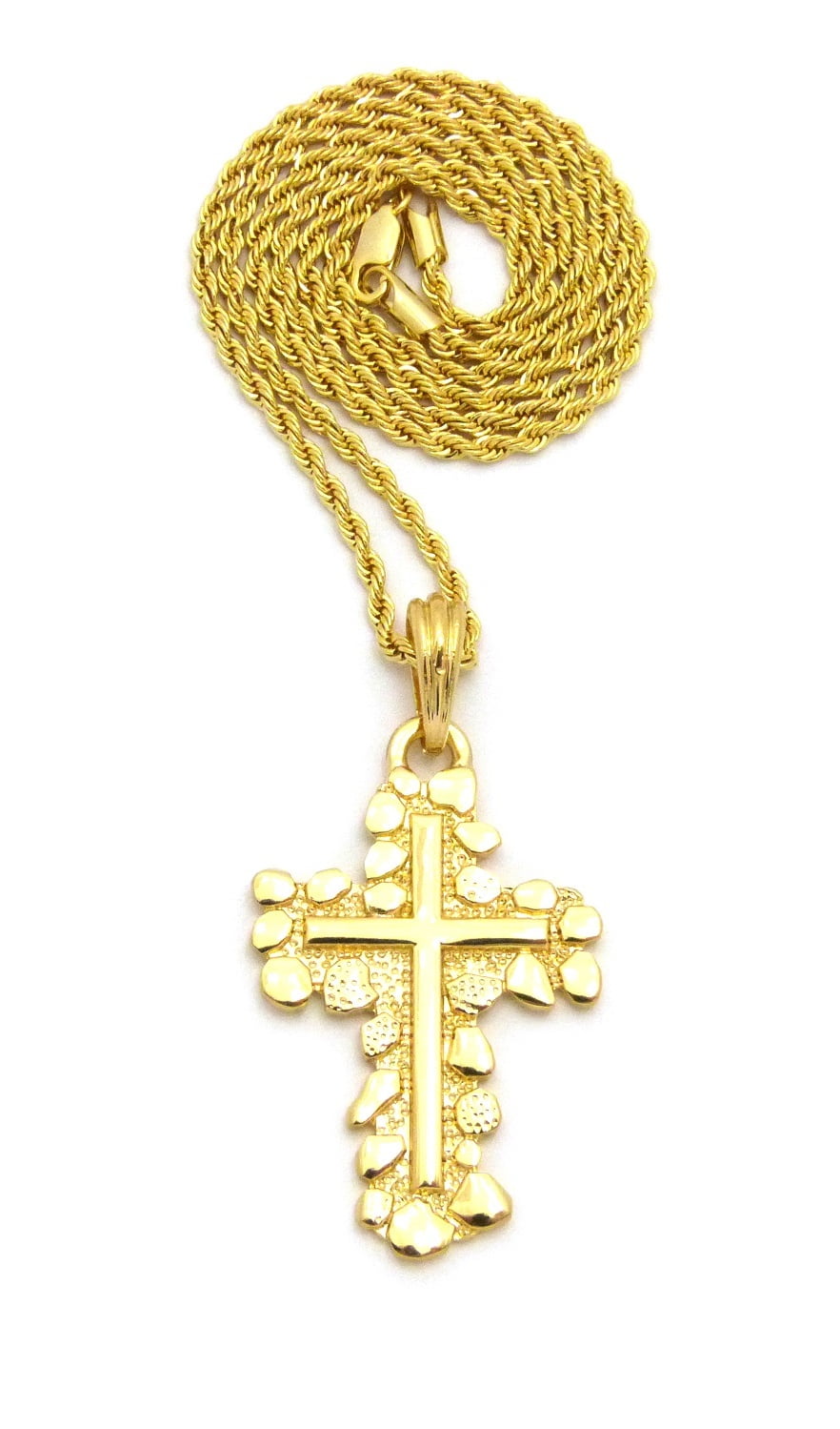Slim Cross on Nugget Cross Pendant w/ 3mm 18" Rope Chain Necklace, Gold ...