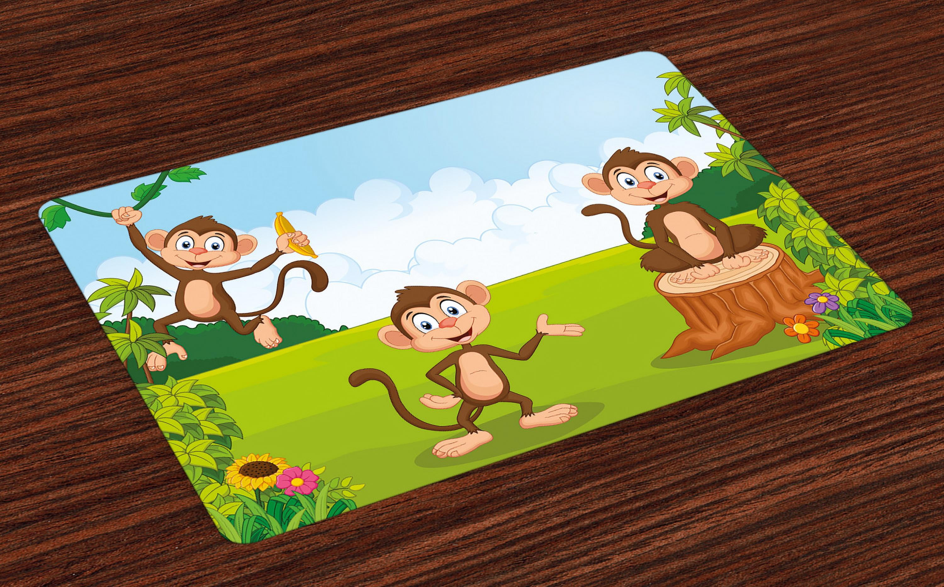 Ambesonne Cartoon Place Mats Set of 4, Print 3 Monkeys Savannah ...