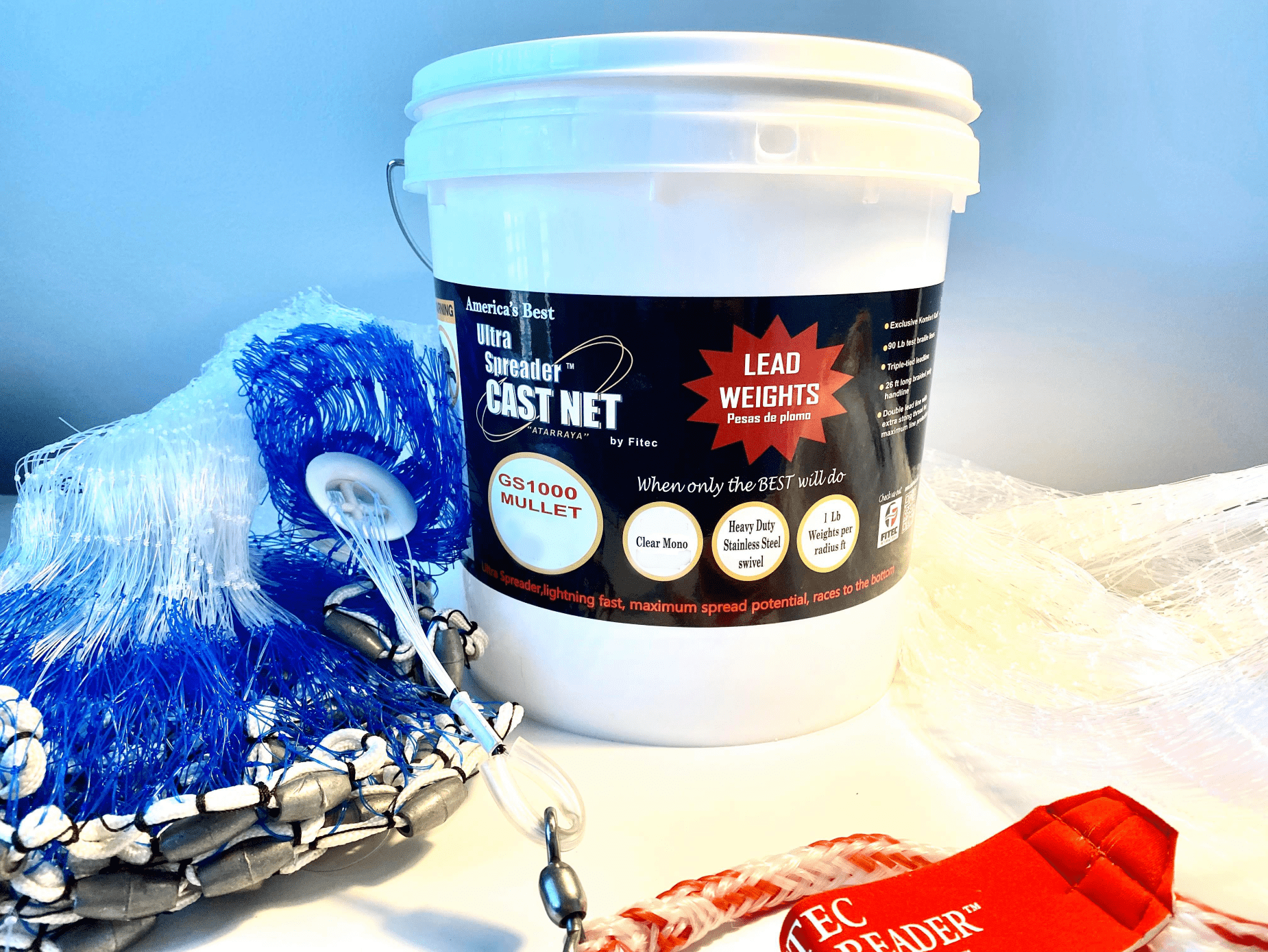 Fitec Gs1000 Ultra Spreader Mullet Cast Net 9' Radius, 1" Mesh, 1 lb ...