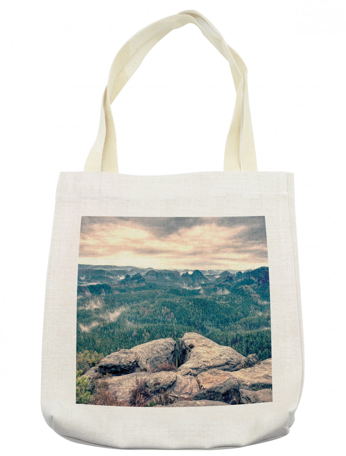 Landscape Tote Bag, Scene of a Forest Cloudy Sky Greenery, Cloth Linen ...