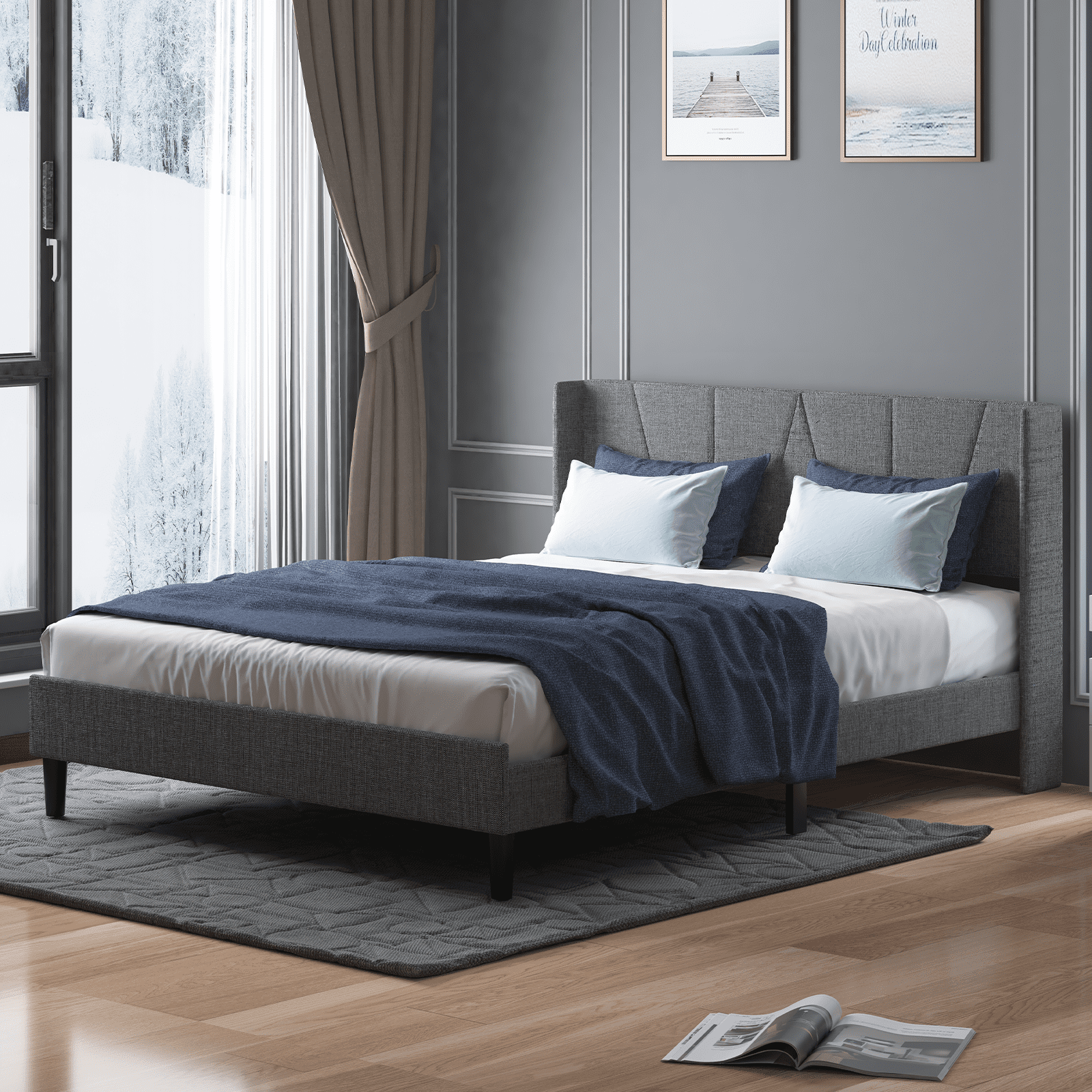 MUZZ Queen Upholstered Wingback Platform Bed Frame with Modern ...