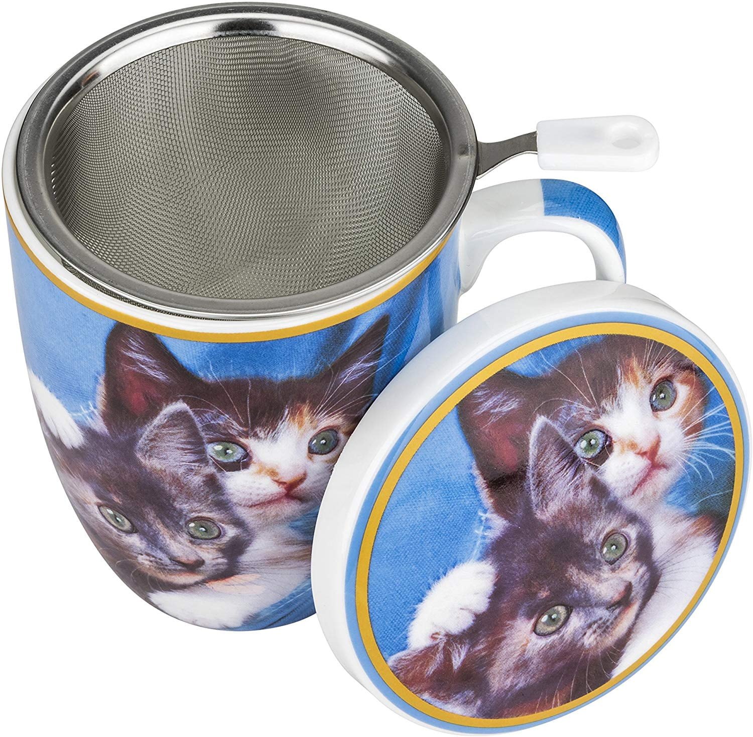 Carmani 14 Oz "Sweet Kittens" Tea Mug with Lid and Infuser, Porcelain ...
