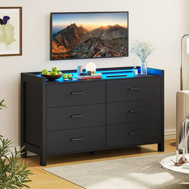 6 Drawer Double Dresser with LED Lights for Bedroom, Modern Chest of ...