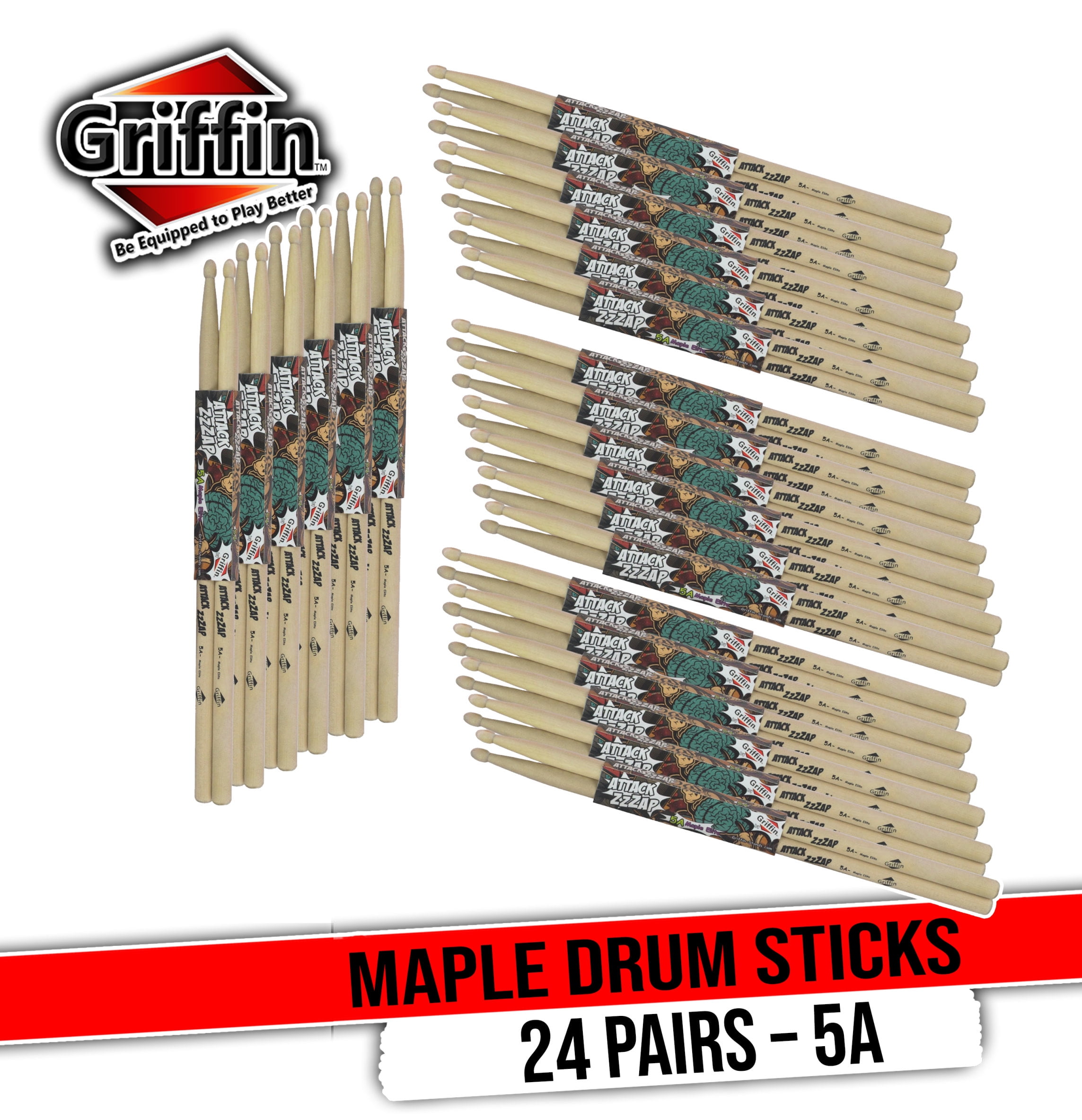 24 Pairs of Select Elite Maple Wood Drum Sticks by GRIFFIN Attack Zzzap ...