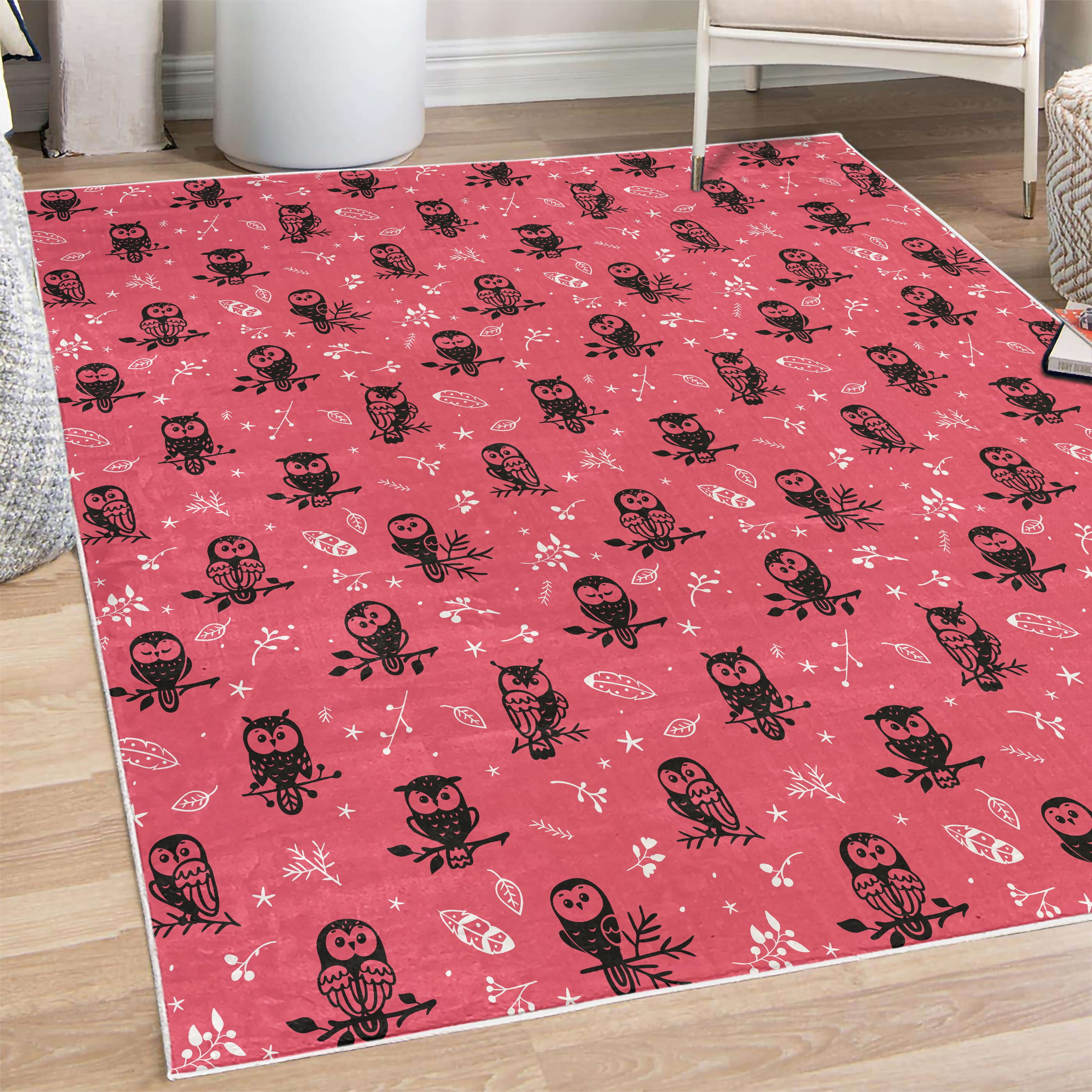 Owl Decorative Rug, Cartoon Style Illustration of Birds on the Branches ...